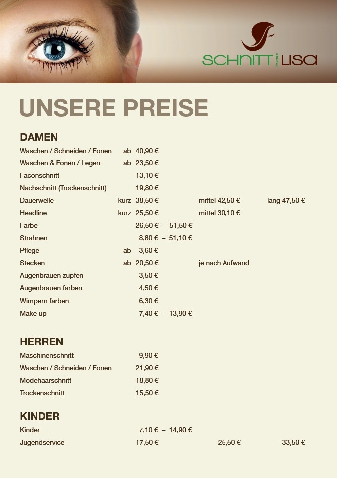 Preisliste (SCHNITTPUNKT LISA, Ihr Friseur in Kefermarkt bei Freistadt.)